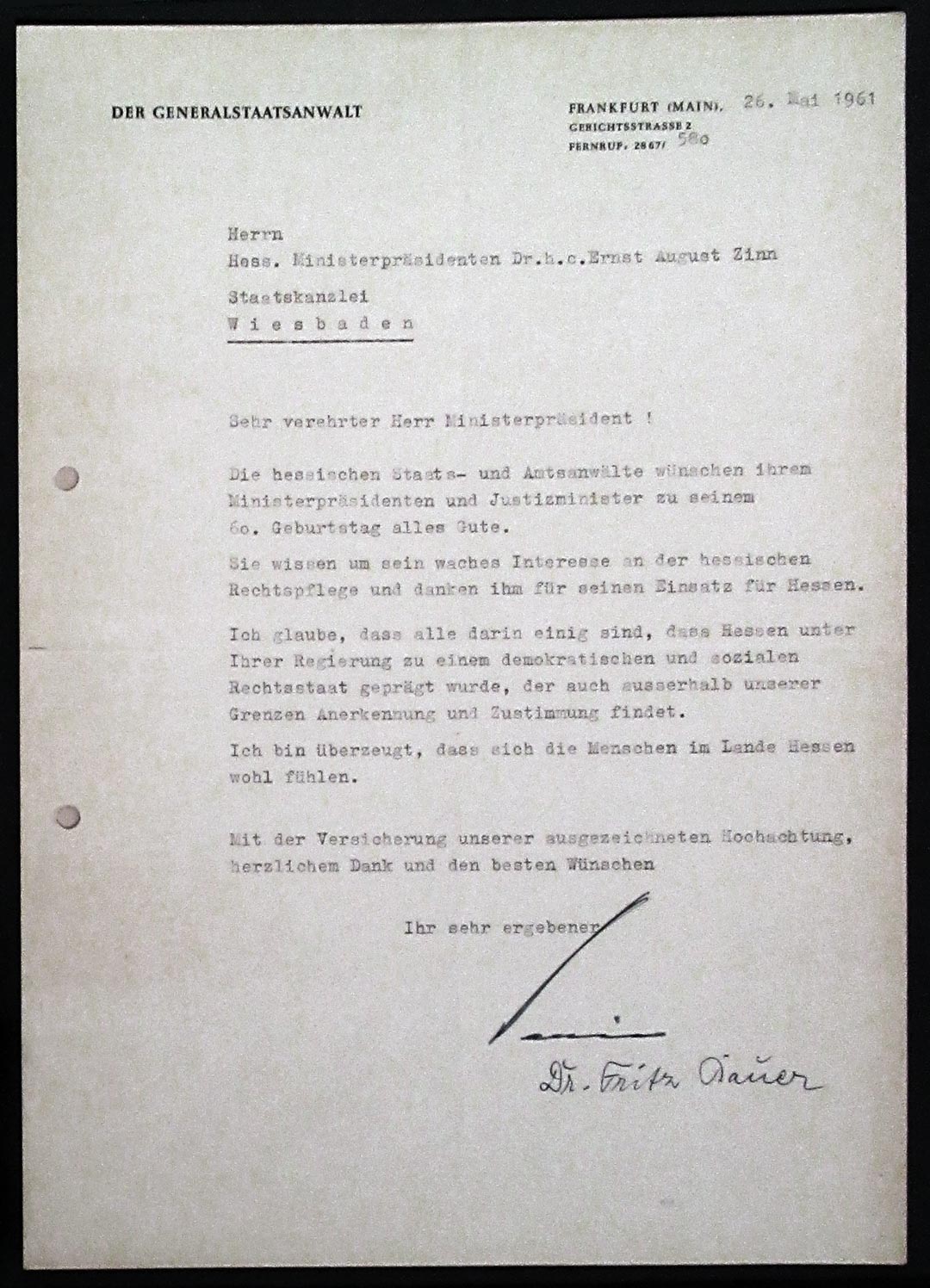 Fritz Bauer an Georg August Zinn, 26. Mai 1961